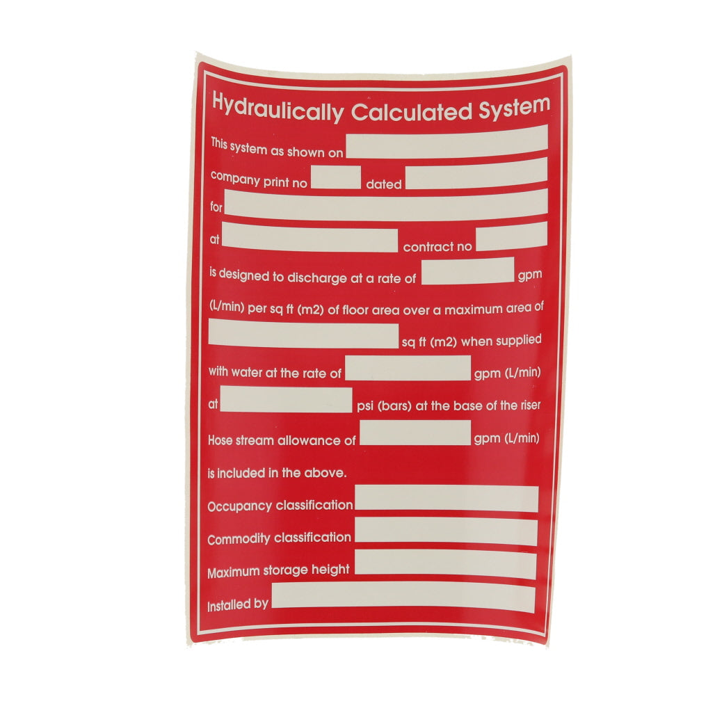 Fire Sprinkler Hydraulically Calculated System Sign, Long Version, Vin ...