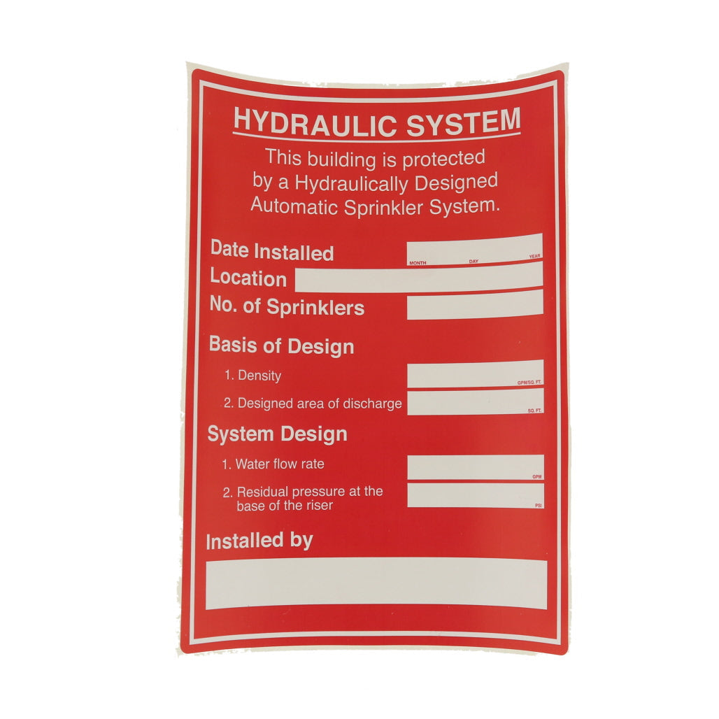 Fire Sprinkler Hydraulic System Sign, Short Version, Vinyl Sticker, 5 ...